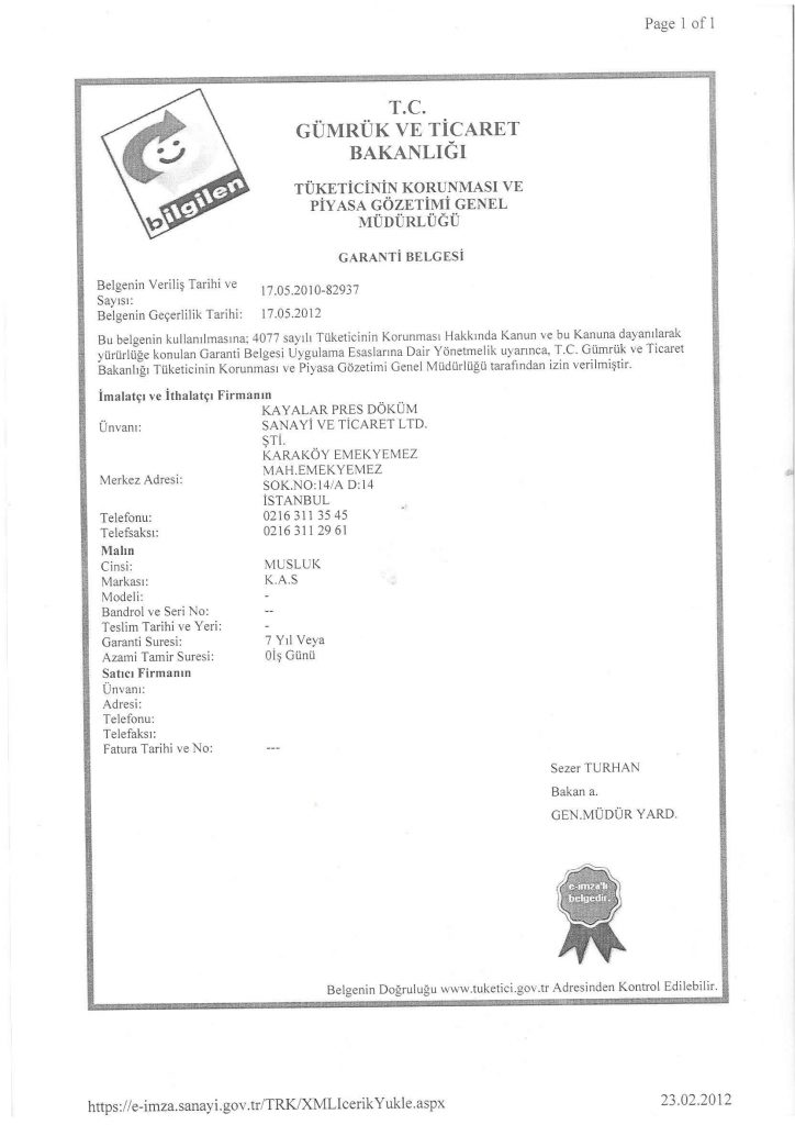 Garanti Belgeleri | KAS Vana, Flex Hortum, PPRC