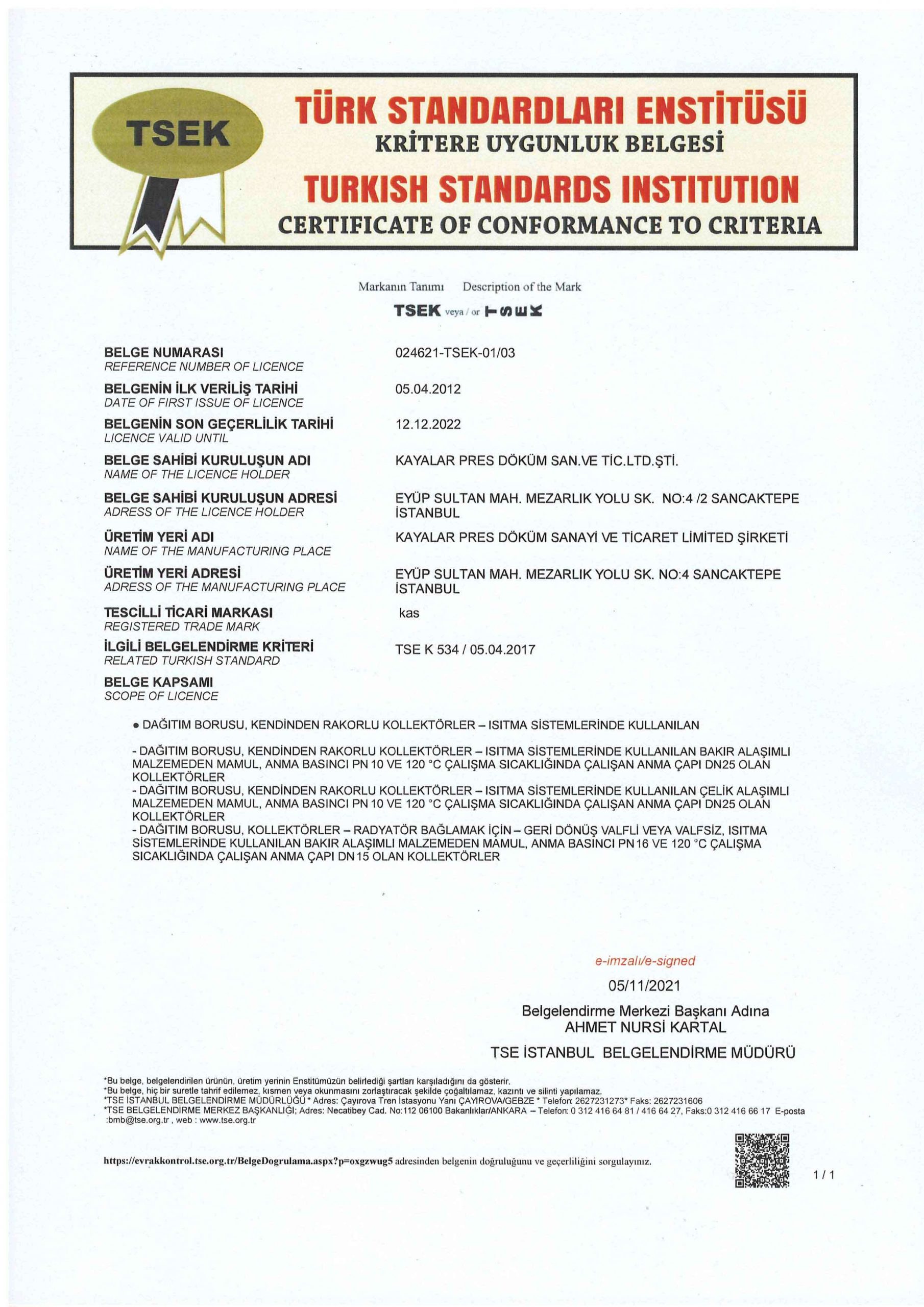 Pirinç Grubu TSEK Belgeleri | KAS Vana, Flex Hortum, PPRC