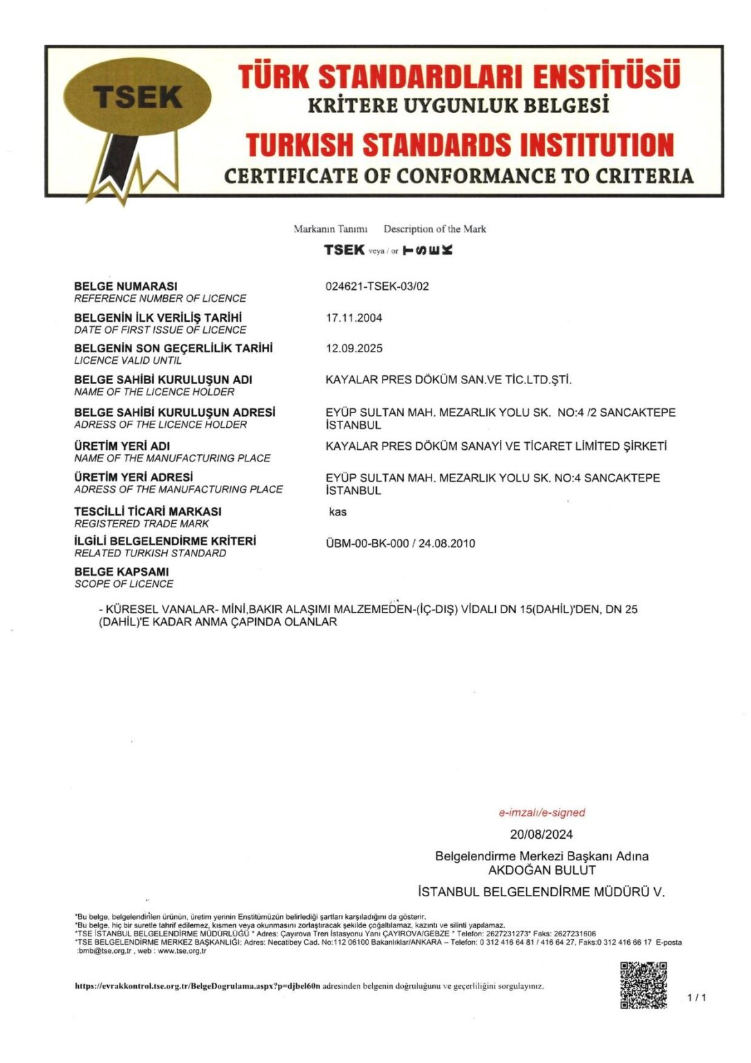 Pirinç Grubu TSEK Belgeleri | KAS Vana, Flex Hortum, PPRC