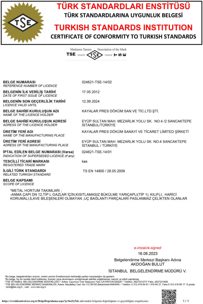 Flex Grubu TSE Belgeleri | KAS Vana, Flex Hortum, PPRC